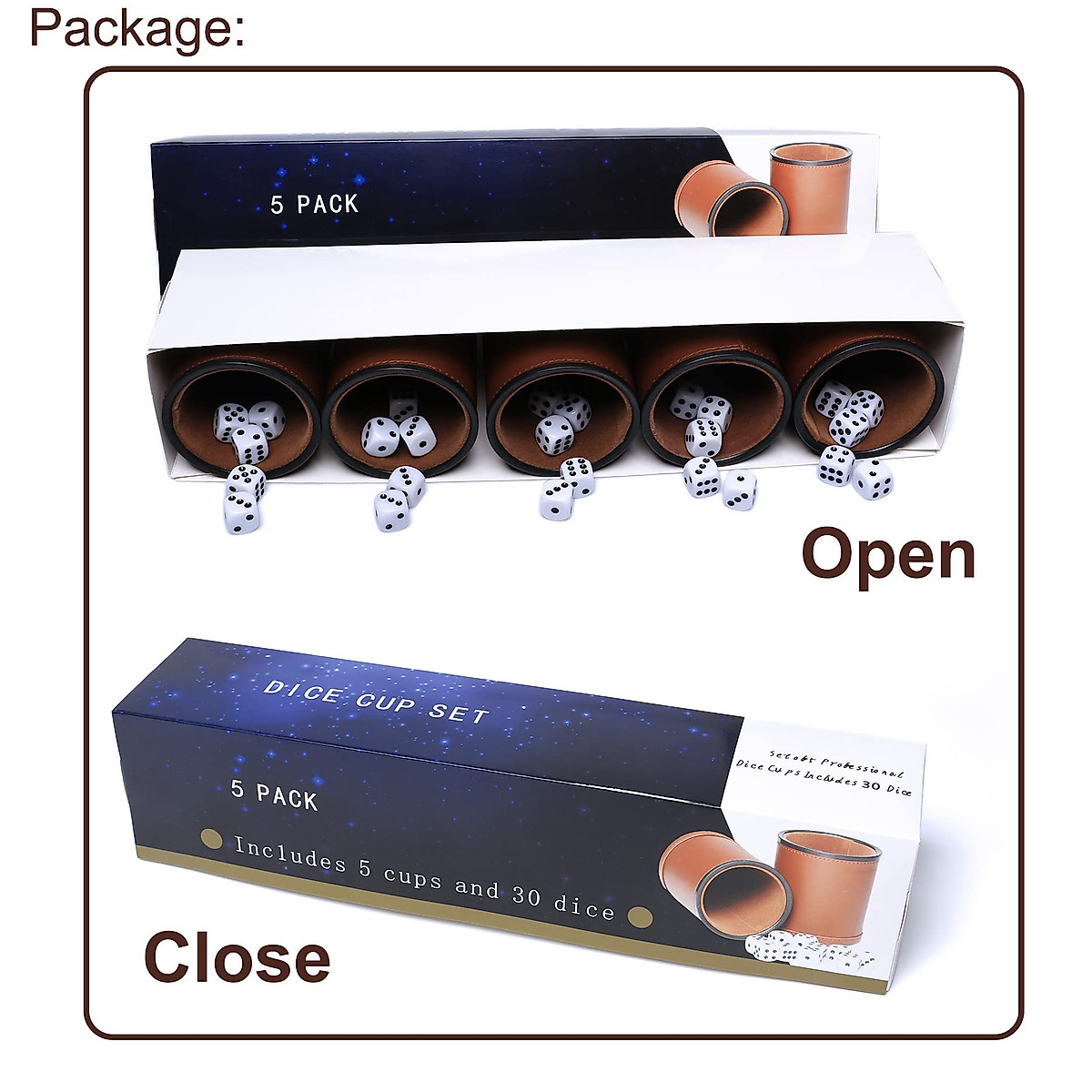 5 Pack PU Leather Dice Cups Felt Lining Quiet Shaker with 30 Dot Dice for Bar Party Yahtzee Farkle Dice Games