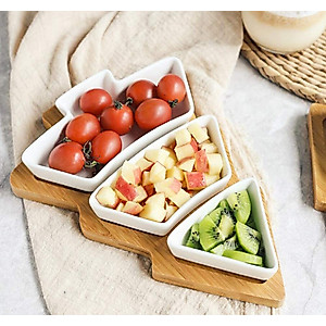 White Christmas Tree Plates Chip & Dip Set, 11 Inches Christmas Ceramic Snack Plate with Bamboo Tray, Removable Porcelain Tree Appetizer Dessert Fruit Salad Saucers Bowl, Cutlery Platter Serving Dish