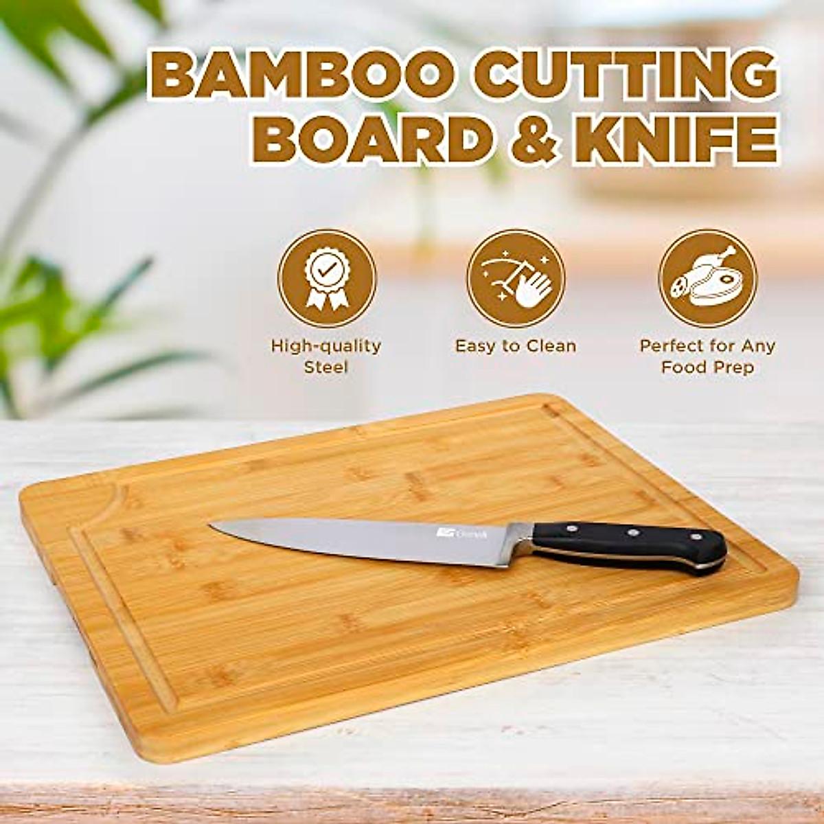 Large Bamboo Cutting Board & Chef knife Set, Home Essentials Kitchen Accessories, Butcher Block Chopping Board, Stainless Steel Meat Butcher Knife - 8 inch Forged Chefs Knife Kitchen Knives