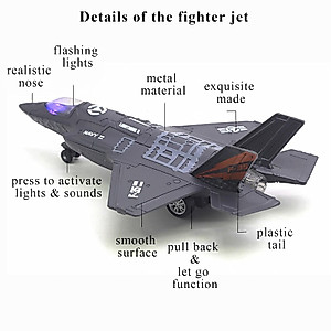 OTONOPI Fighter Jet Military Plane Model F-35 Aircraft Army Air Force Diecast Metal Pull Back Bomber Attack Plane with Lights and Sounds for Kids or Commemorate Collection