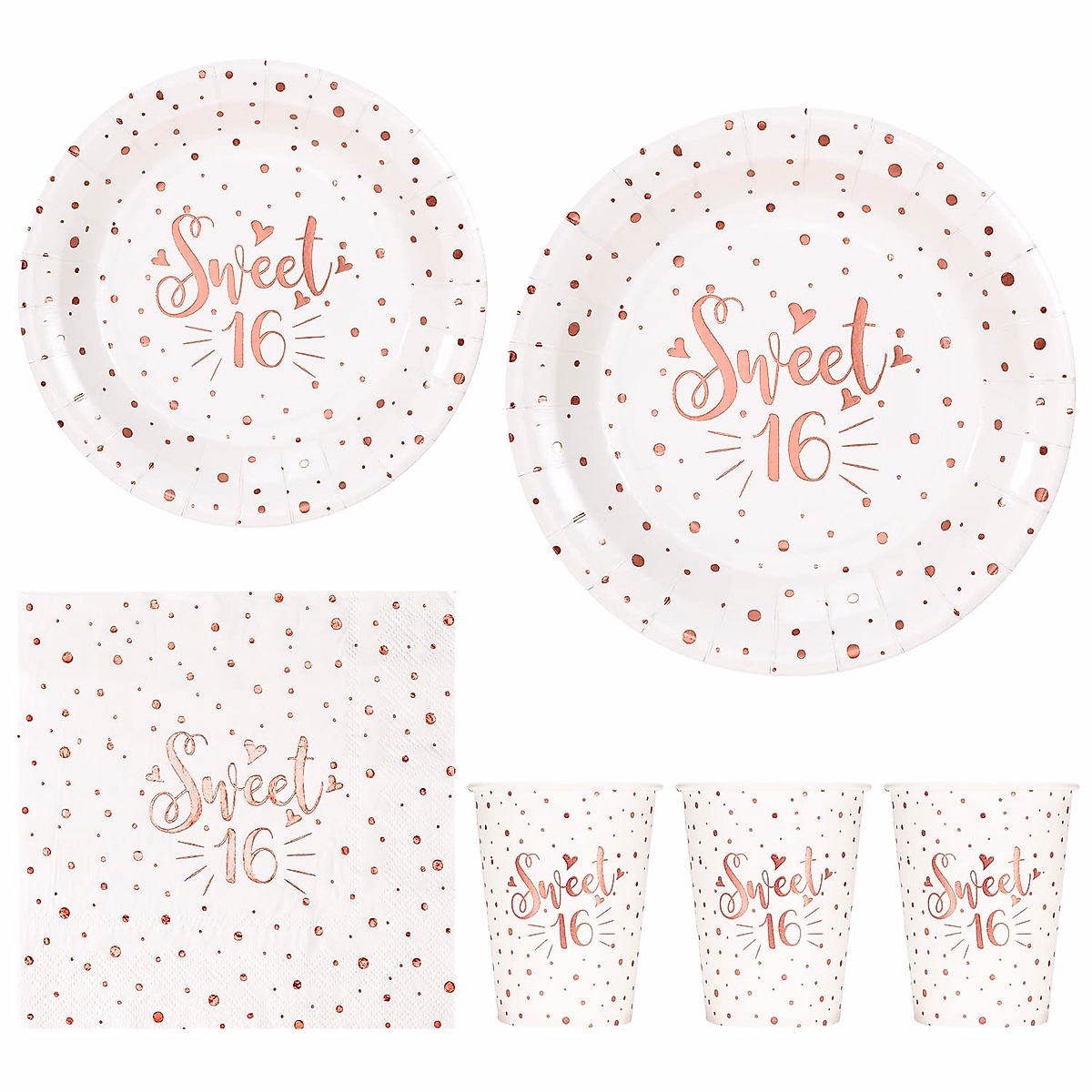 Crisky Rose Gold Sweet 16 Birthday Napkins Plates Cups Set for Girl 16th Birthday Party Decorations Supplies, Disposable Tableware Set of 24 (9" Plates, 7" Plates, Luncheon Napkins, 9oz Cups)
