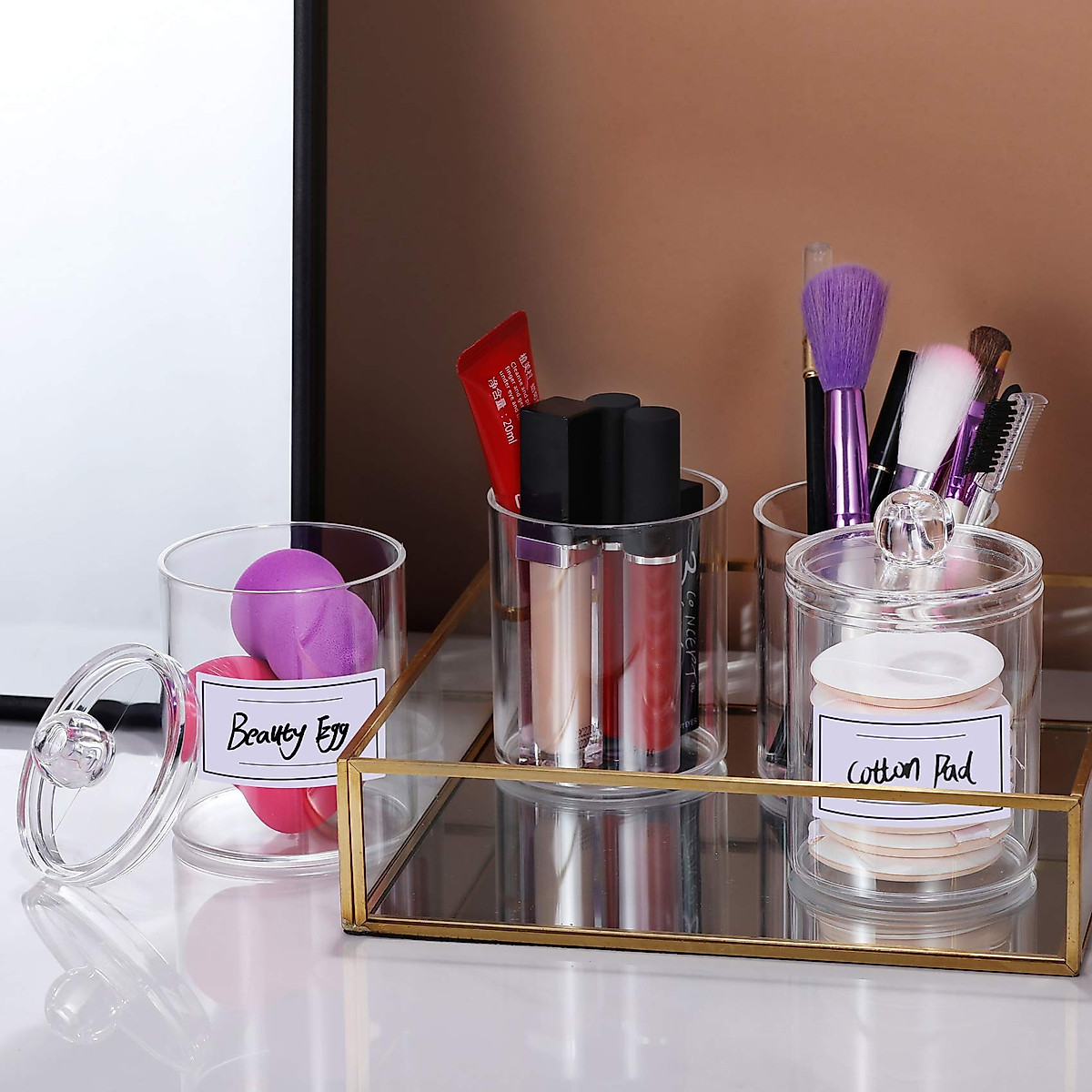 AOZITA 4 Pcs, 10 OZ Qtip Holder Dispenser for Cotton Ball, Cotton Swab, Cotton Round Pads, Floss - Clear Plastic Apothecary Jar Set for Bathroom Canister Storage Organization, Vanity Makeup Organizer