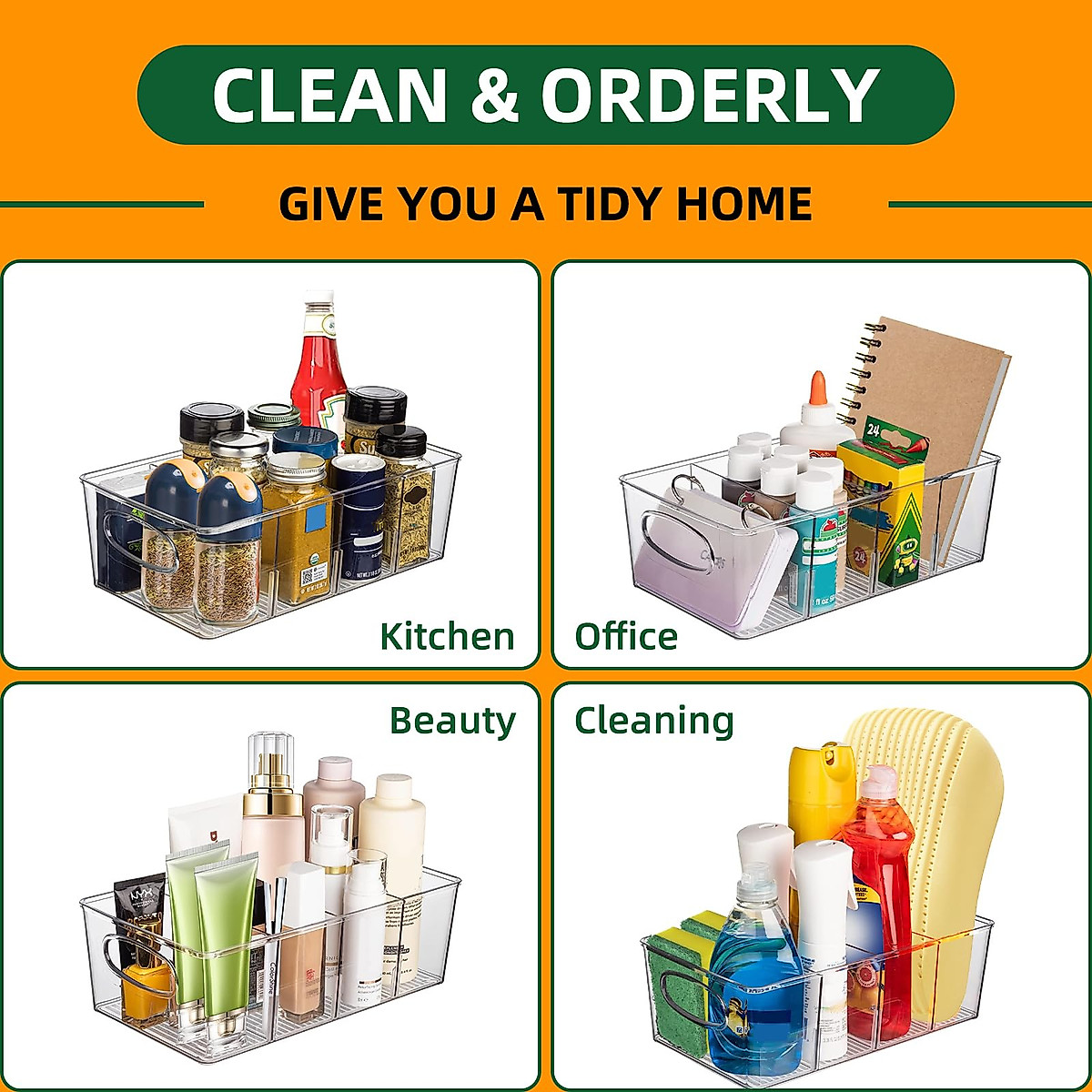 Generic 2 Pack Pantry Organizer Bins with Removable Dividers, 4 Divided Sections, Clear, Sturdy & Lightweight, Perfect for Cabinet, Kitchen, Pantry & Refrigerator Organization