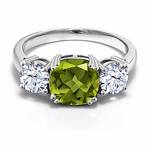 Gem Stone King 925 Sterling Silver Green Peridot and White Zirconia 3 Stone Engagement Ring For Women (3.95 Cttw, Gemstone August Birthstone, Cushion 8MM, Size 9)