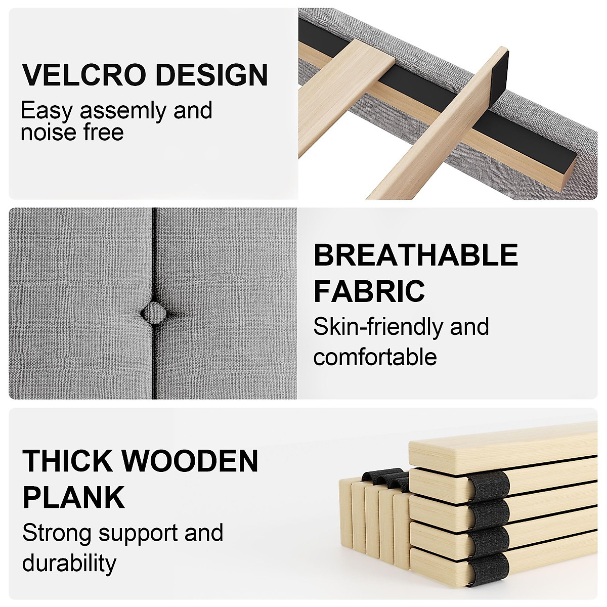 Sismplly Queen Size Platform Bed Frame with Upholstered Headboard, Modern Bed with Wooden Slat, No Box Spring Needed, Easy Assembly, Mattress Foundation, Light Grey