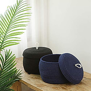 Sea Team Round Cotton Rope Storage Basket with Lid, Decorative Woven Storage Bin, Pot, Caddy, Organizer, Container for Snacks, Towels, Plants, 10 x 7.5 Inches (Small, Dark Blue)