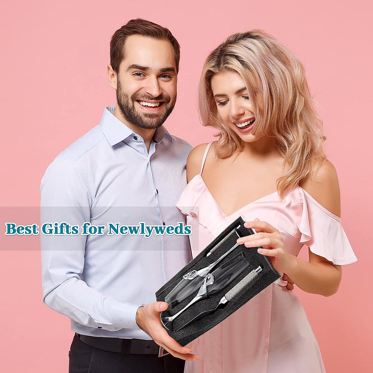 Zhehao Wedding Champagne Flutes and Cake Knife Server Set Toasting Glasses Toasting Champagne Flutes with Rhinestone Rimmed Hearts Decoration Couple Cake Cutting Set for Wedding Anniversary (Silver)