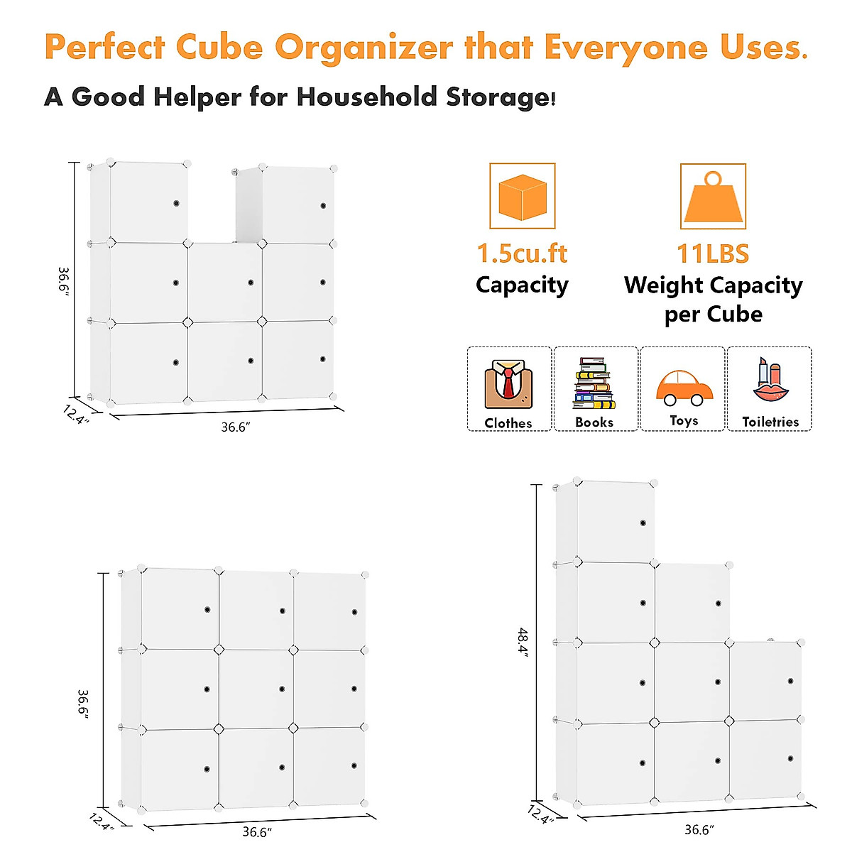 C&AHOME Cube Storage Organizer with Doors, 9-Cube Shelf, Closet Cabinet, DIY Plastic Modular Bookshelf, Storage Shelves Ideal for Bedroom,Living Room,36.6”L x 12.4”W x 36.6”H Milky USHS3009M-DOOR