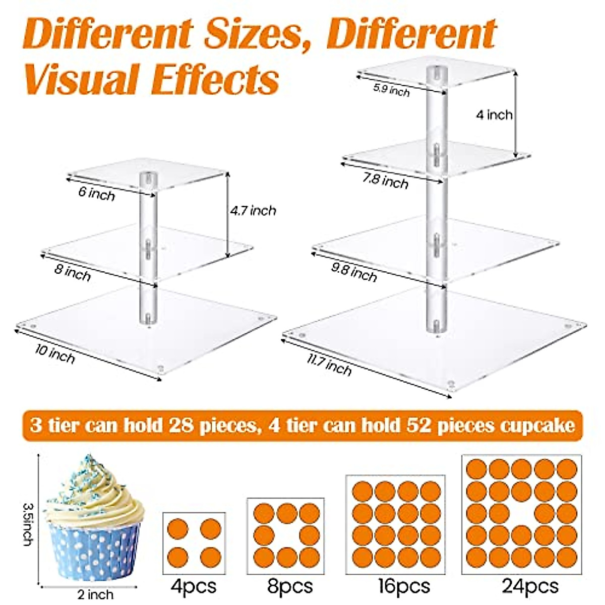 4 Pcs Square Acrylic Cupcake Stand, 4 Tier Cupcake Holder and 3 Tier Cupcake Tower with Yellow LED Light String Cupcake Pastry Display Stand for Wedding Birthday Candy Bar Decor