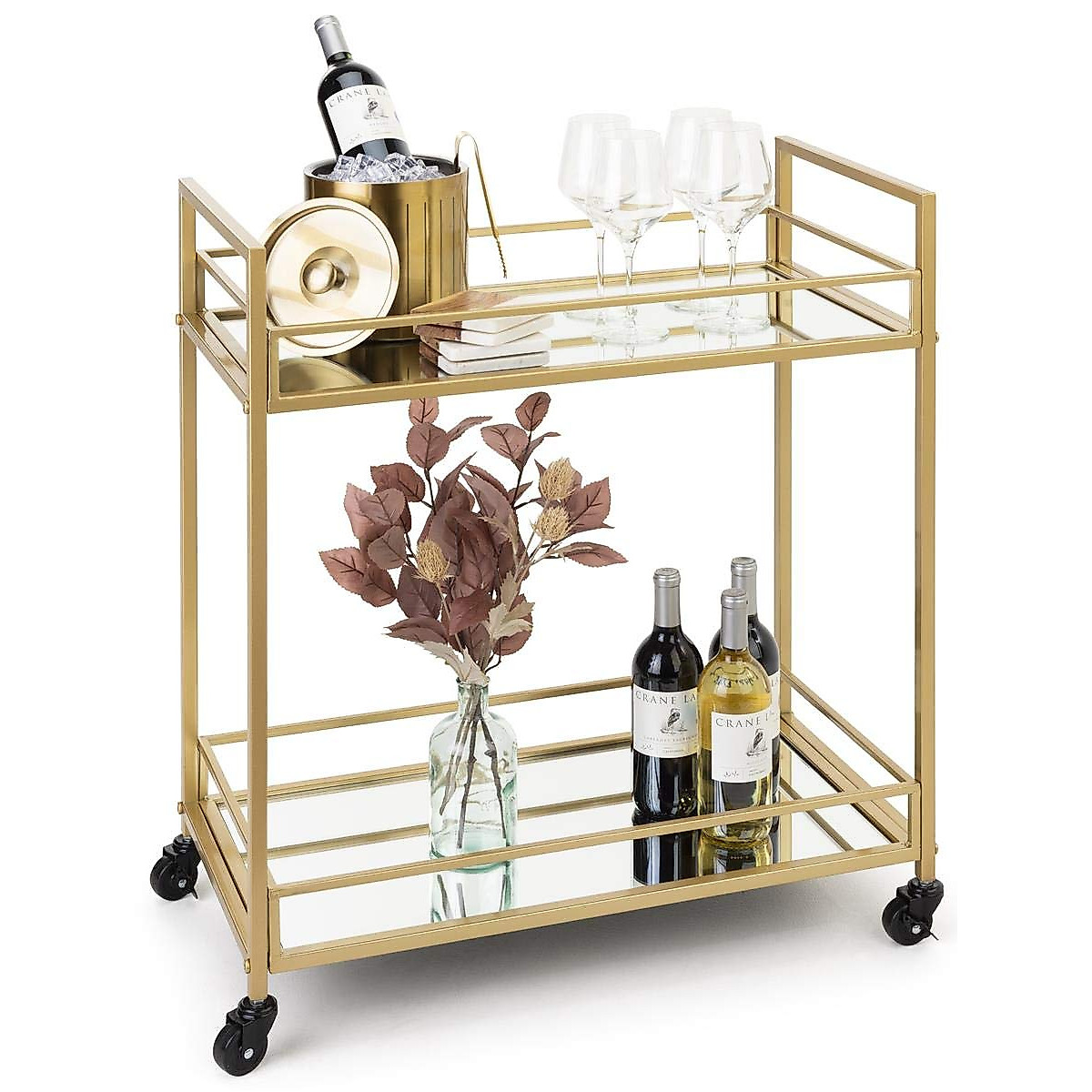 Displays2go Rolling Metal Bar Cart, Mirrored Glass Shelves, Four Swiveling Casters - Gold (FSBEVCART1)