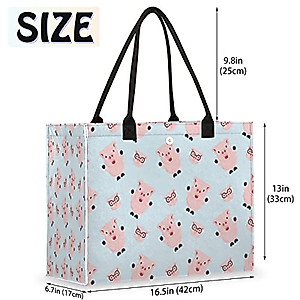 Cute Cartoon Pig Reusable Grocery Shopping Bag with Hard Bottom, Animal Pig Large Foldable Multipurpose Heavy Duty Tote with Zipper Pockets, Stands Upright, Durable and Eco Friendly, Beach Bag