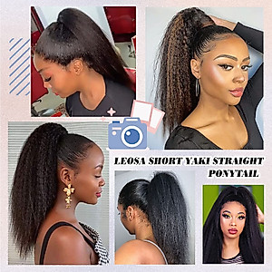 LEOSA Ponytail Extension 14 inch Drawstring Ponytails for Black Women Short Natural Black Yaki Straight Drawstring Ponytail Hair Extensions (14 Inch (Pack of 1), 1B#)