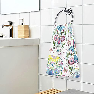 ALAZA Sugar Skull Floral Day of Dead Hand Towels for Bathroom 1OO% Cotton 2 pcs Face Towel 16 x 28 inch, Absorbent Soft & Skin-Friendly