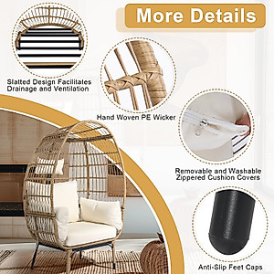 VINGLI Outdoor Egg Chair Oversized 1 Piece Egg Lounger Chair with Cushions, Wicker Egg Chair for Indoor Porch, Backyard, Living Room, Balcony, 440lb Capacity