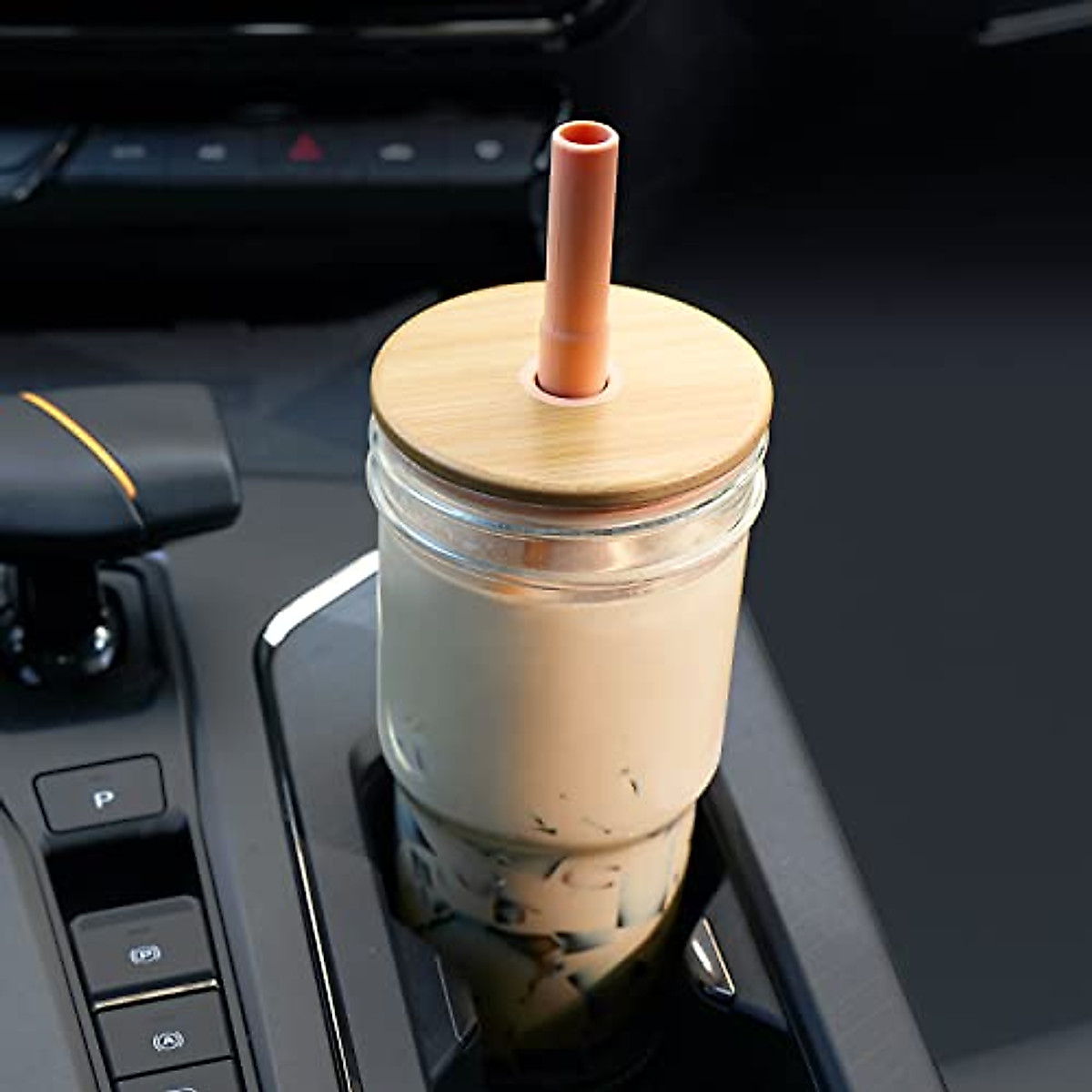 Cafezi 24oz Mason Jar Drinking Glasses with Bamboo Lids and Straws 2 Pack，Reusable Boba Cup Smoothie Tumbler Glass Bubble Tea Cup，Iced Coffee Cup，BPA Free, Dishwasher Safe