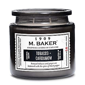 Colonial Candle Tobacco & Cardamom Scented Jar Candle, M. Baker Collection, 2 Wick, Grey, 14 oz - Up to 60 Hours Burn