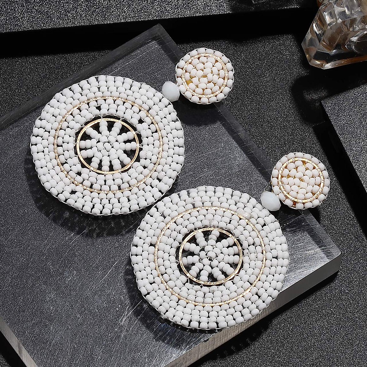 CEALXHENY Beaded Drop Earrings for Women Handmade Colorful Bead Earrings Bohemia Hoop Dangle Earring for Women (D White)