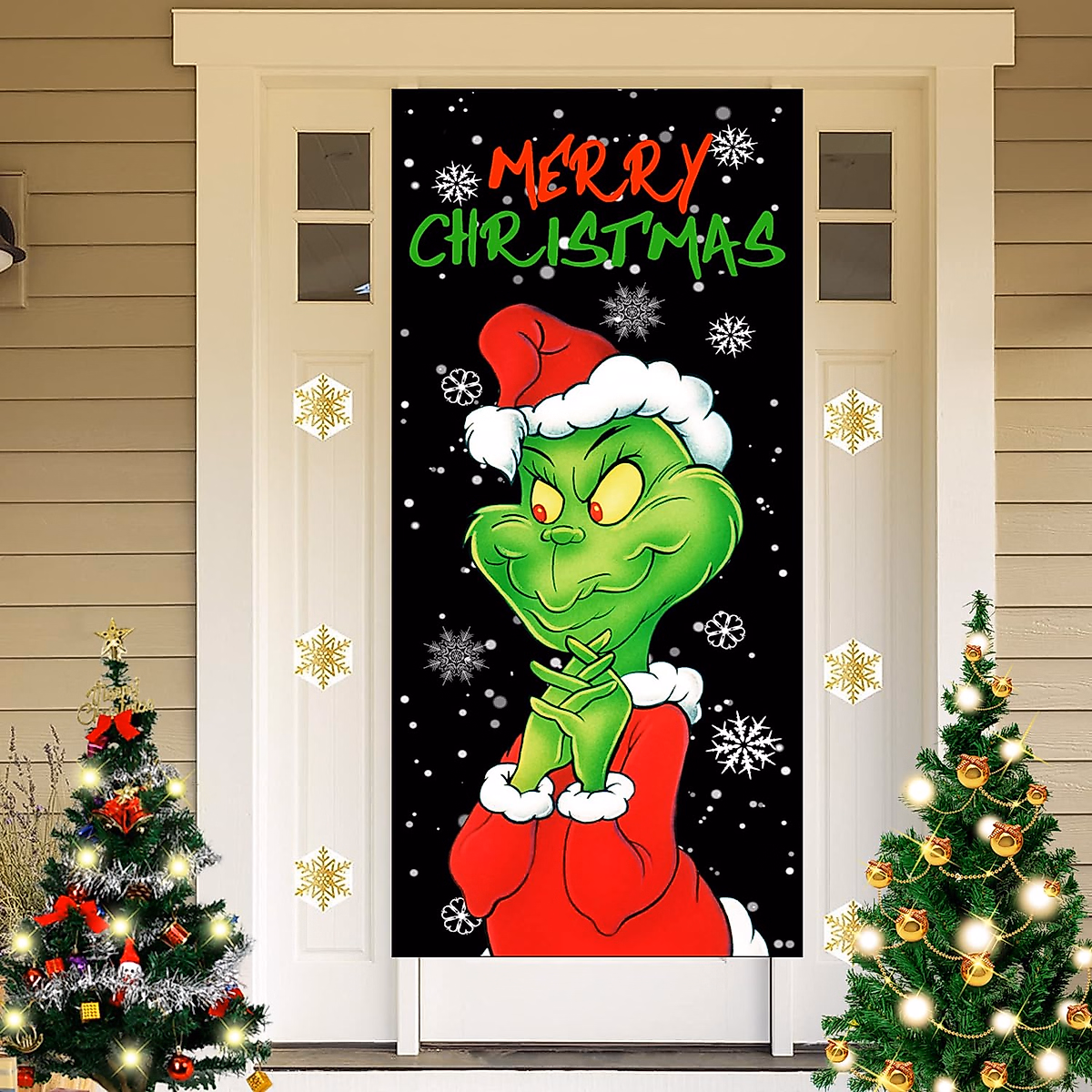 Christmas Door Cover Decorations Green Backdrop Merry Christmas Porch Sign for Indoor Outside Front Door Party Supplies（29.5x70.8in）