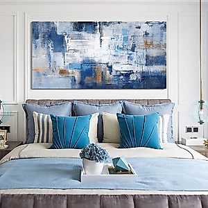 KLAKLA Navy Blue Wall Art - Modern Abstract Canvas Blue and White Picture Artwork for Living Room Wall Decor Bedroom Office Home Decoration