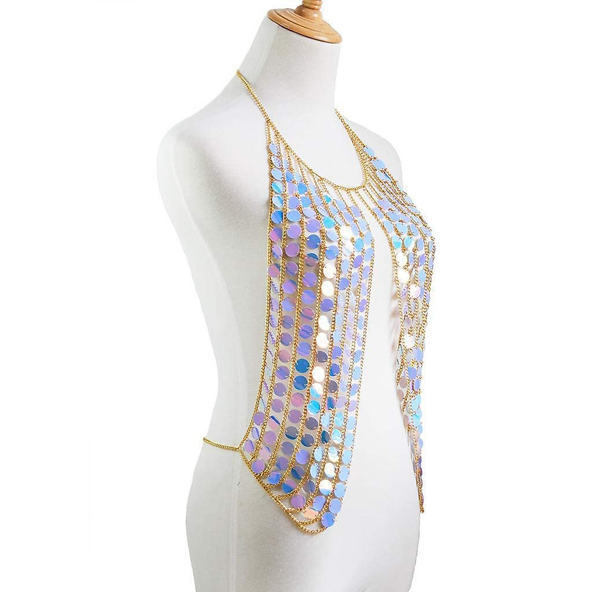 Yixin Women's Sexy Harness Waist Bikini Chain Bra Body Chain Shoulder Necklace for Women Color Sequin (Blue)