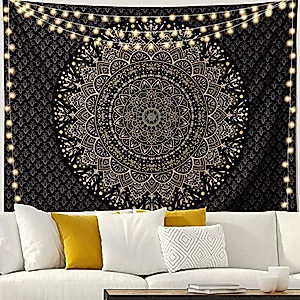 Edeesky Black Golden Mandala Tapestry Wall Hanging Psychedelic Medallion Wall Tapestry Aesthetic Indian Hippie Wall Decor Bohemian Wall Art Boho Home Decoration for Bedroom,Living Room,Dorm