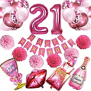 Crenics 21st Birthday Decorations for Her - Hot Pink Happy Birthday Banner, Pom Poms, 21 Number Balloon, Lipstick Champagne Balloons and 24 Latex Balloons for 21st Girls Women Birthday Party Supplies