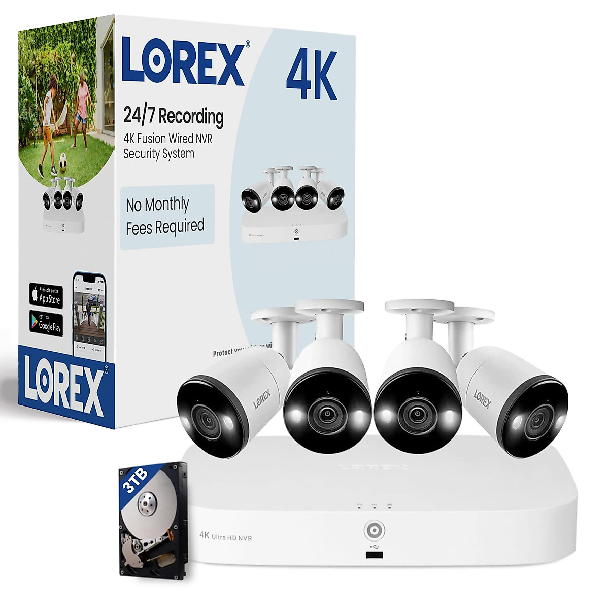 Lorex Fusion 4K Security Camera System w/ 3TB NVR - 8 Channel PoE Wired Home Security System w/ 4 Metal Cameras - Smart Motion Detection, Warning Alarm, 2-Way Audio, Color Night Vision, Weatherproof