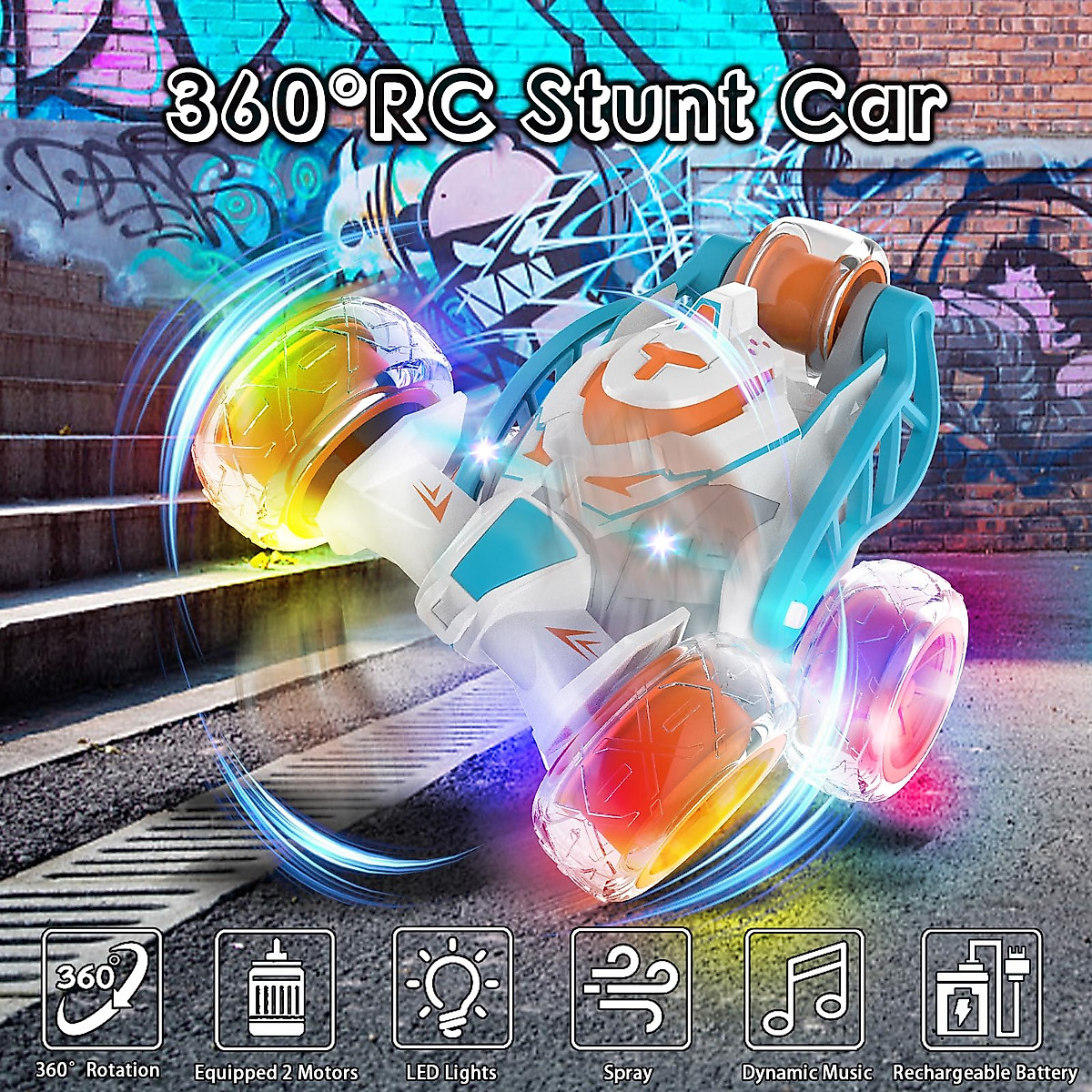 YUAN PLAN Remote Control Car for Kids, RC Stunt Car 360°Rolling Twister RC Mini Car 2.4GHz 4WD Racing Car with Colorful Lights & Music Switch and Spray Flips Rotating Car Toy for Boys Girls
