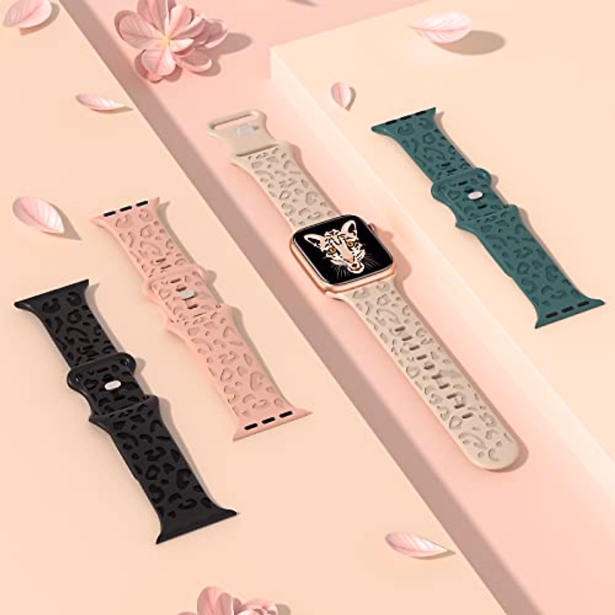 3 Pack Leopard Engraved Band Compatible with Apple Watch Band 41mm 40mm 38mm 45m 44mm 42mm Women Men, Cheetah Printed Soft Silicone Straps for iWatch Series 8 7 SE 6 5 4 3 2 1, Black/Gray/Sand Pink