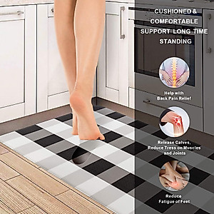 Carvapet Buffalo Plaid Kitchen Mat Waterproof Non-Slip Rugs Cushioned Anti-Fatigue Kitchen Rug Heavy Duty PVC Ergonomic Comfort Standing Foam Mats for Office Laundry, Black&White, 17.3''x47.2''