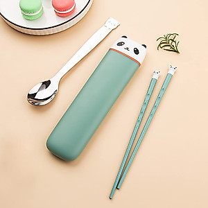 JinZu Portable Chopsticks Flatware Set, Silicone Lightweight Chopstick and Stainless Steel Spoon with Case, Reusable Portable Utensil for Camping,Traveling (Green)