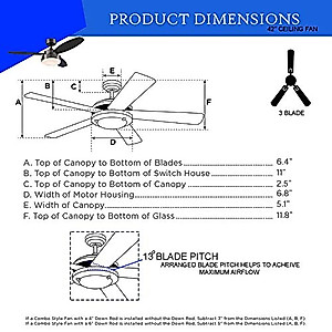 Ciata Bedroom Ceiling Fan With Light, 42 Inch Alloy Indoor Ceiling Fan in Gun Metal Finish with LED Light Fixture in Opal Frosted Glass with Reversible Black/Graphite Blades – 2 Pack