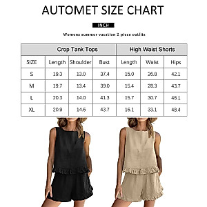 AUTOMET Womens 2 Piece Outfits Summer Sets Sleeveless High Neck Ruffle Crop Tops and High Waisted Shorts with Pockets Black S