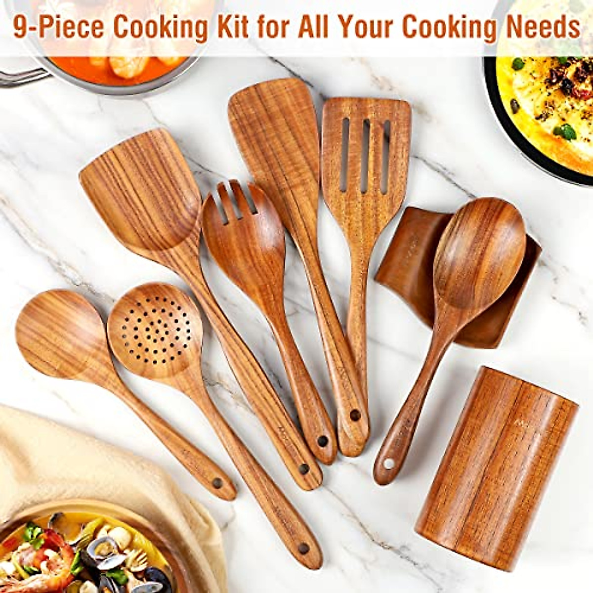 9 PCS Wooden Spoons for Cooking, Wooden Utensils for Cooking with Utensils Holder, Natural Teak Wooden Kitchen Utensils Set with Spoon Rest, Comfort Grip Cooking Utensils Set for Kitchen