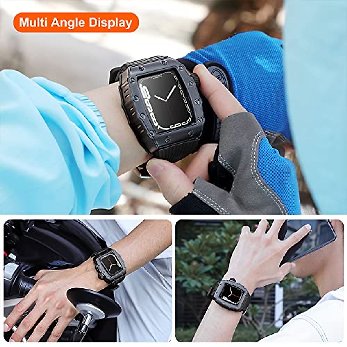 Metal Case for Apple Watch 7 45mm Band with Cover, Heavy Duty Rugged Case Glass Screen Protector Silicon Strap for iWatch Series 7 45mm Accessories Men's Full Protective Cover (Black)