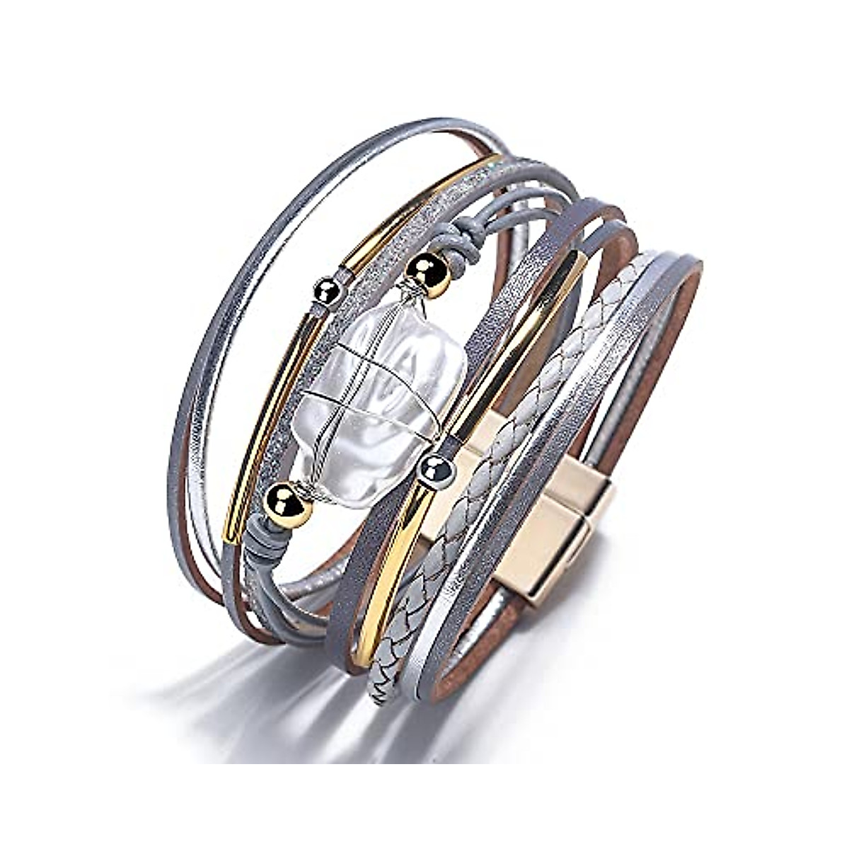 Fesciory Leopard Bracelet for Women, Boho Leather Wrap Multi-Layer Pearl Crystal Bracelet Bangle Jewelry(Gray Leather(Pearl))