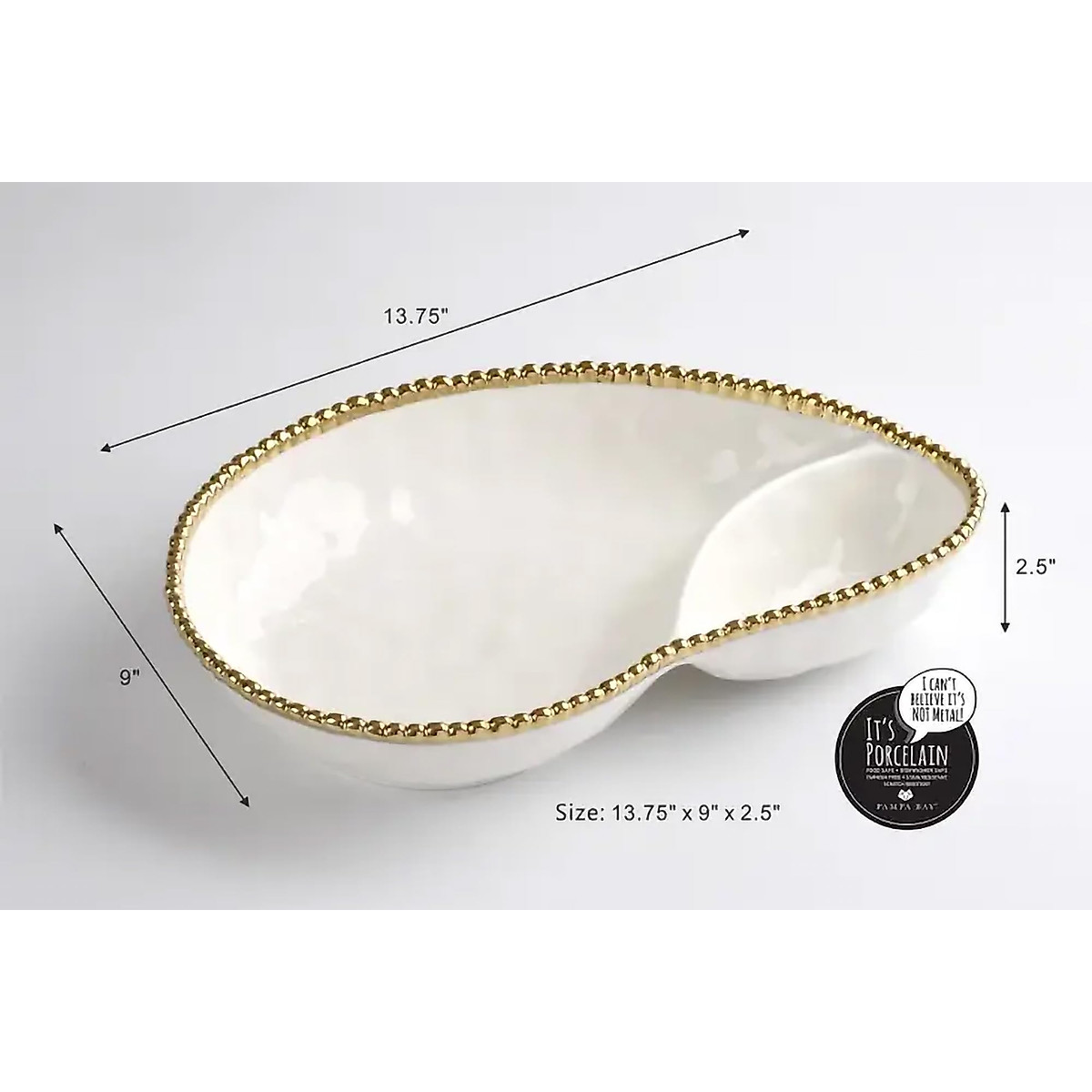 Pampa Bay Titanium-Plated Porcelain 2 Section Serving Piece, 13.8 x 9 Inch, Gold/White Tone, Oven, Freezer, Dishwasher Safe