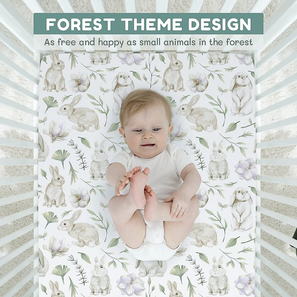 TCBunny 2 Pack Premium Fitted Baby Crib Sheets for Standard Crib Mattress - Ultra-Soft Cotton, Stylish Rabbit, and Garden Pattern, Safe and Snug for Baby, Boys and Girls, 28" x 52"