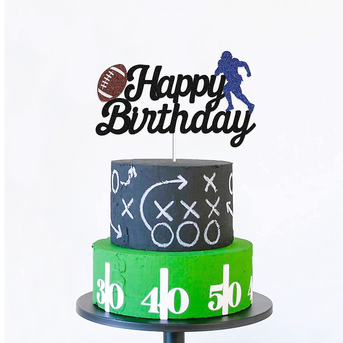 Football Cake Topper - Happy Birthday Cake Topper for Football/Sport theme Birthday Party decoration (Black Glitter)