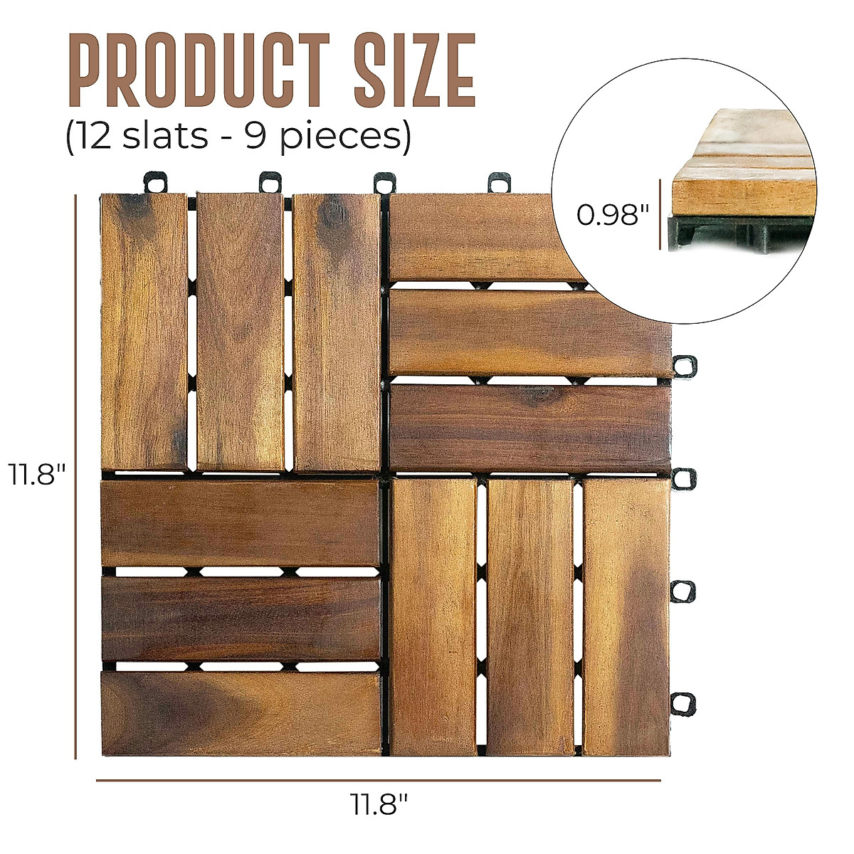 ASESVIDA Acacia Interlocking Deck Tiles - Premium 9 Pack Outdoor Flooring 12 Slats - Waterproof, Durable Wood Patio Tiles for Garden, Balcony, Backyard - Ring Joint Design (12 slats, Acacia, 9)