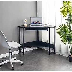 VanTook Computer Desk Corner Desk for Home Office, Triangle Writing Study Desk with Keyboard Tray & Storage Shelf, Compact Small Desk with Sturdy Steel Frame for Small Space Workstation, Black