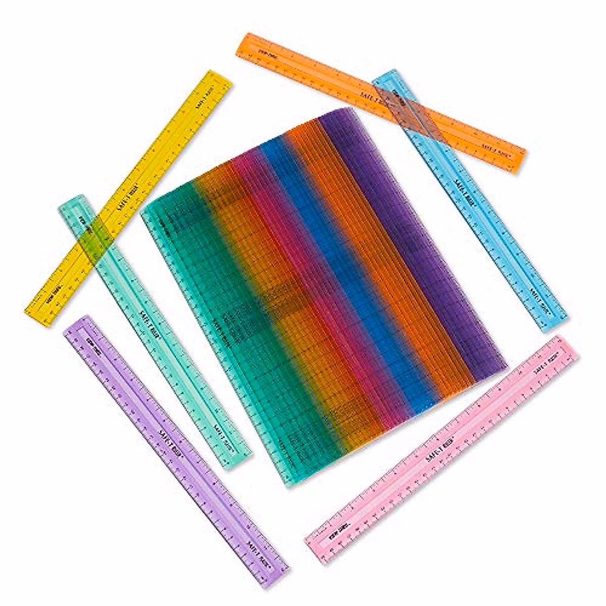 hand2mind 12 inch Multicolored, Transparent, Semiflexible Safe-T Plastic Rulers, Rainbow Clear Rulers for Kids, Flexible Ruler, Rulers for School, Unbreakable Rulers, Straight Edge Ruler (Pack of 48)