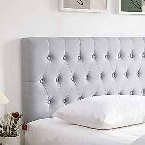 Kingfun Headboards for King Size Bed in Modern Button Design, Premium Linen Fabric Upholstered Tufted Bed Headboard, Adjustable Solid Wood Head Board, Grey