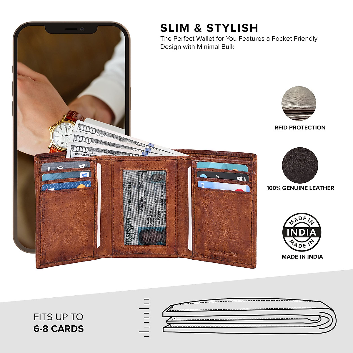 Slim Tan Leather Wallet Tri fold | 1 ID Window | RFID Blocking | Minimalist and Durable | Thoughtful Gift for Men.