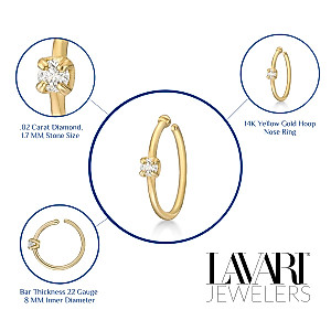 Lavari Jewelers 22 Gauge 0.02 Carat Diamond Hoop Nose Ring in 14k Yellow Gold 1.7 mm
