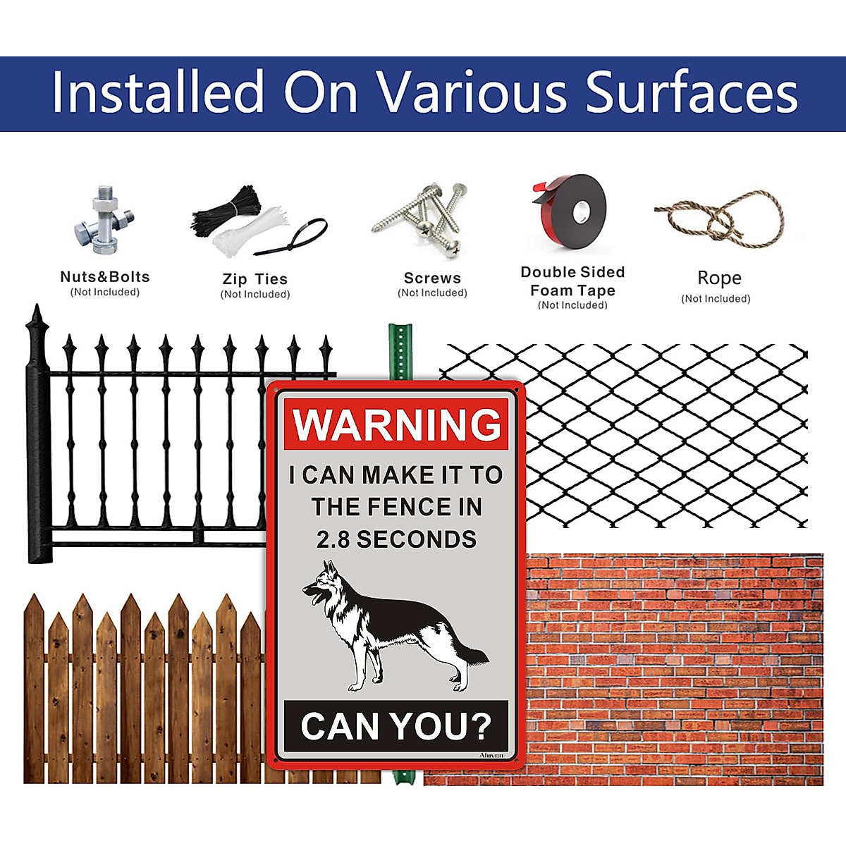 Beware Of Dogs Sign For Fence German Shepherd Sign Warning I Can Make It to The Fence in 2.8 Sec. Sign Metal 12" x 8" Dog On Premises Signs Dog Warning Signs Reflective Rust Aluminum Outdoor 2 Pack