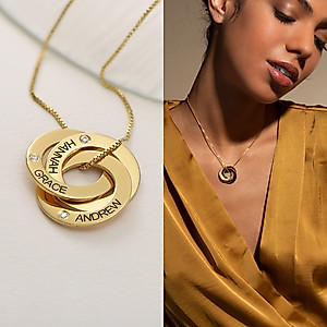 MYKA - Russian Ring Engraved Name Necklace with Diamonds Personalized 3 Circles Discs Inscription Customization Mother's Day Jewelry Gift… (18k Gold Plating)