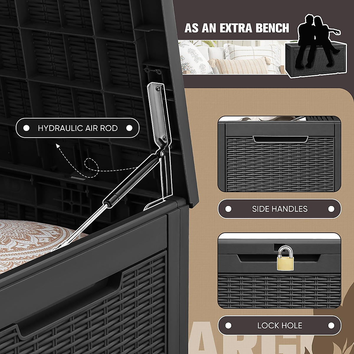 Flamaker 100 Gallon Large Deck Box Waterproof Resin Outdoor Storage for Patio Furniture, Garden Tools, Pool Accessories and Toys (Black)