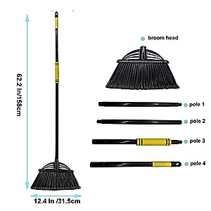 Xifando Four-Section Rod Long-Handled Broom,Heavy-Duty Broom, Angle Broom for Outdoor/Indoor（Black+Blue）