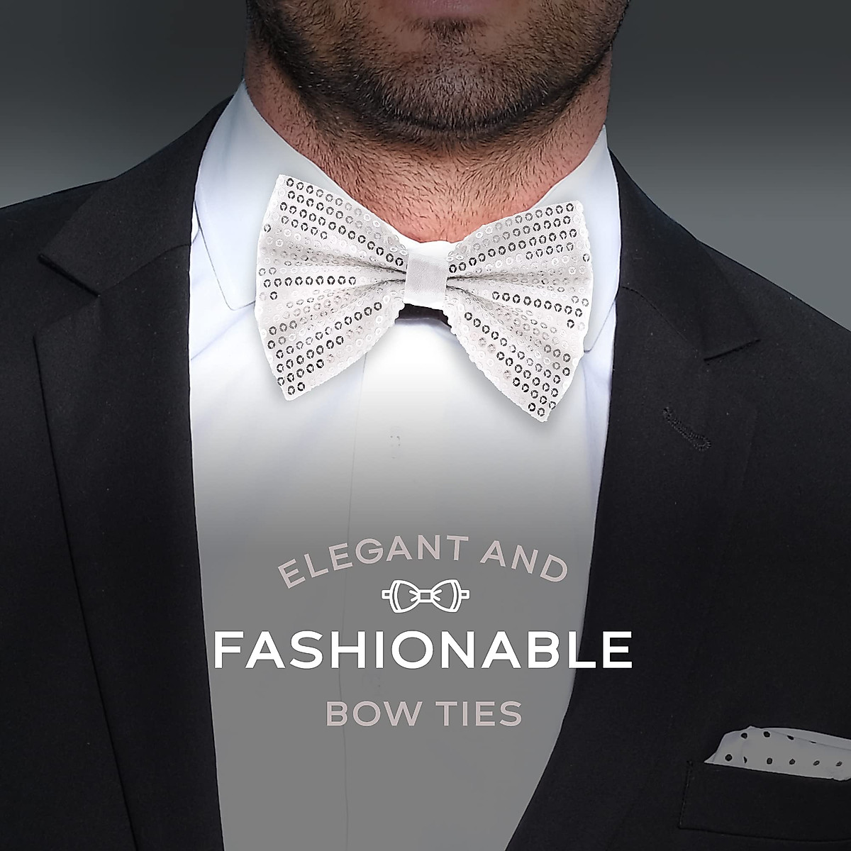 Man of Men Sequin Bow Ties for Men - Pre-tied Adjustable Length Bowtie, Many Colors to Choose From (Silver)